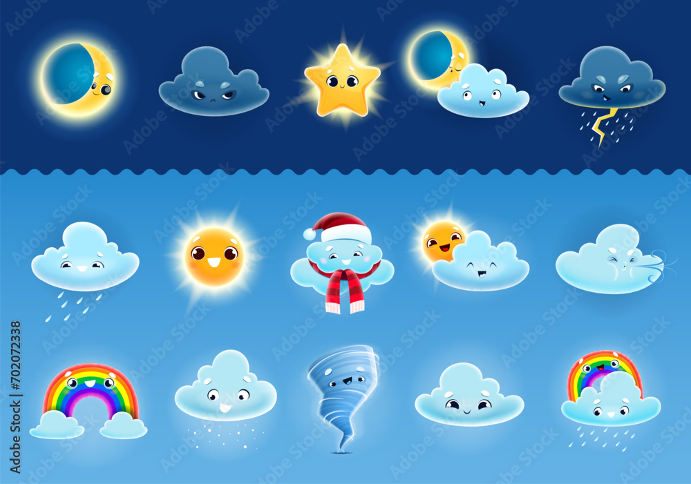 Cartoon cute weather characters. Vector clouds, sun, rain, wind and ...