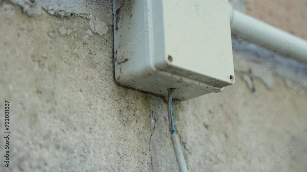 Dirty plastic power supply box with red and blue cables hanging from ...