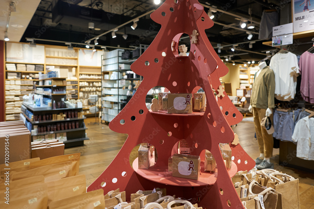 SINGAPORE - NOVEMBER 06, 2023: Christmas decorations inside Muji store ...