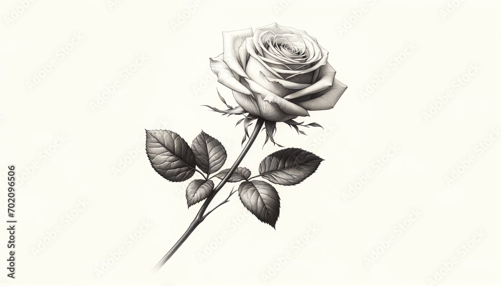 The image depicts a pencil-drawn rose with a high level of detail. The ...