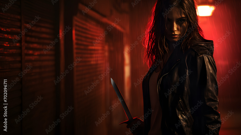 The murderer of a beautiful young woman holds a knife standing behind a ...