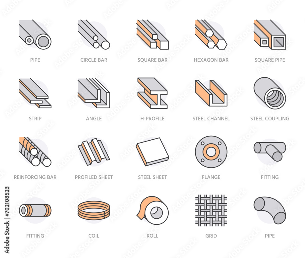 Stainless steel flat line icons set. Metal sheet, coil, strip, pipe ...