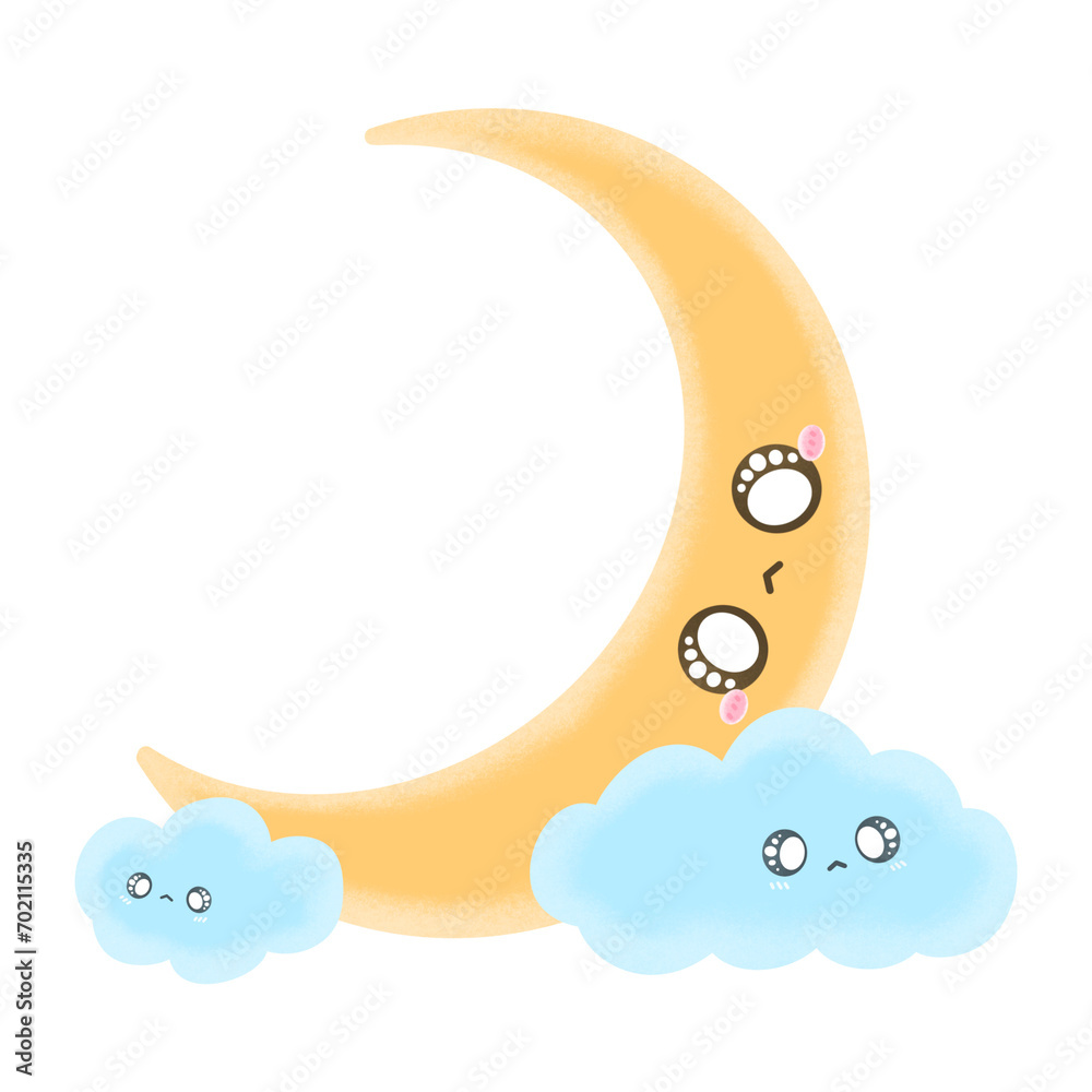 Cute Moon And Clouds Mascot Character Kawaii Cartoon Moon And Clouds ...