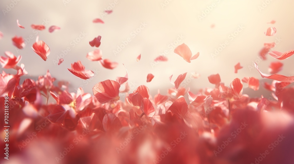 Red rose petals gently falling in soft sunlight, fragile feminine ...