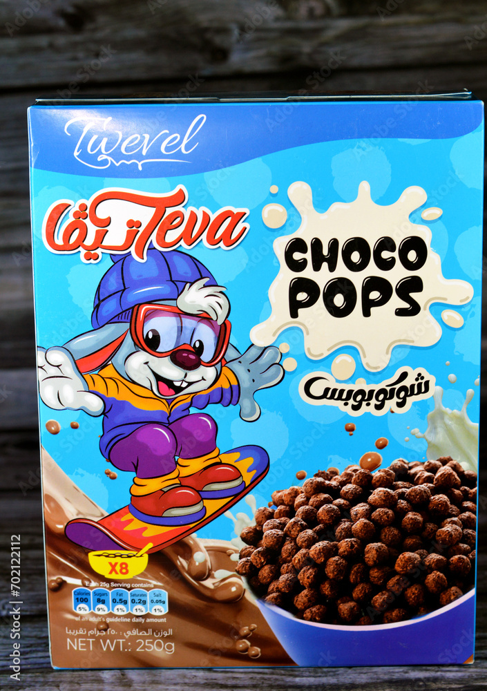 Cairo, Egypt, January 1 2024: Teva Choco pops cereal, Breakfast Choco ...