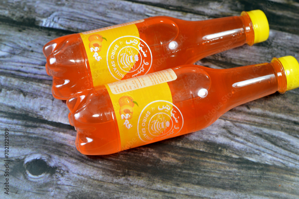 Cairo, Egypt, January 1 2024: Spiro Spathis peach soda drink, Spiro ...