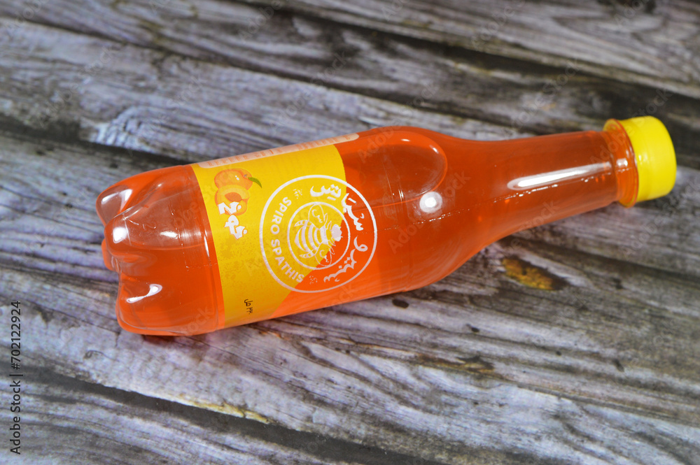 Cairo, Egypt, January 1 2024: Spiro Spathis peach soda drink, Spiro ...