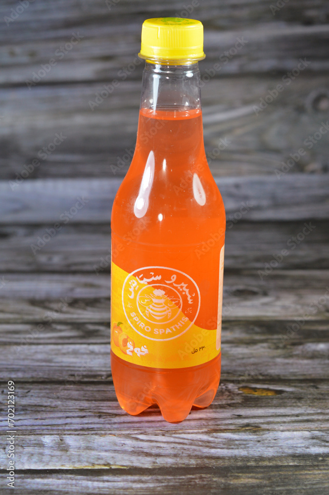 Cairo, Egypt, January 1 2024: Spiro Spathis peach soda drink, Spiro ...