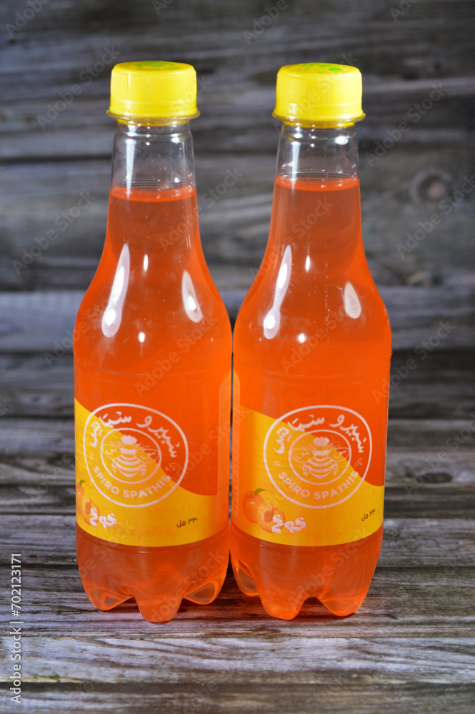 Cairo, Egypt, January 1 2024: Spiro Spathis peach soda drink, Spiro ...