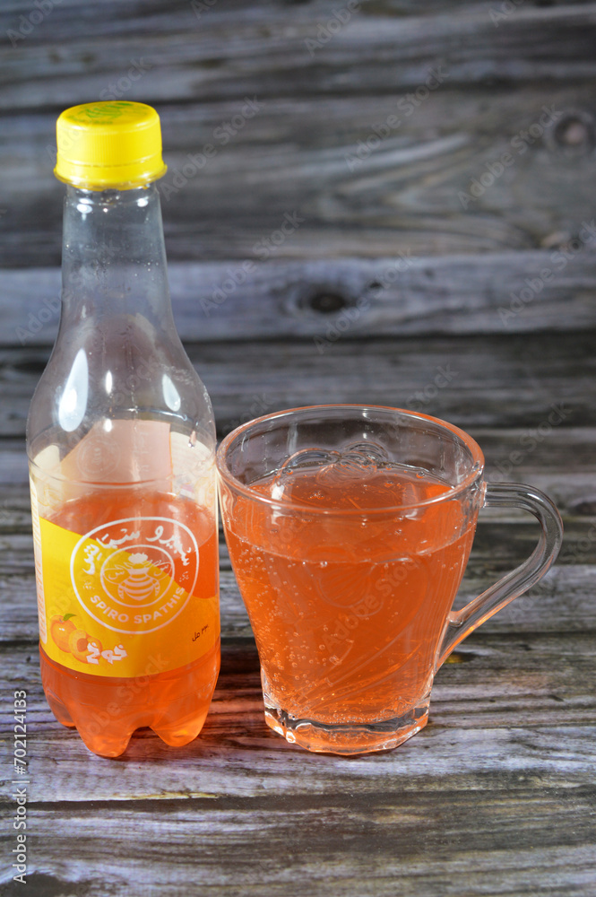 Cairo, Egypt, January 1 2024: Spiro Spathis peach soda drink, Spiro ...