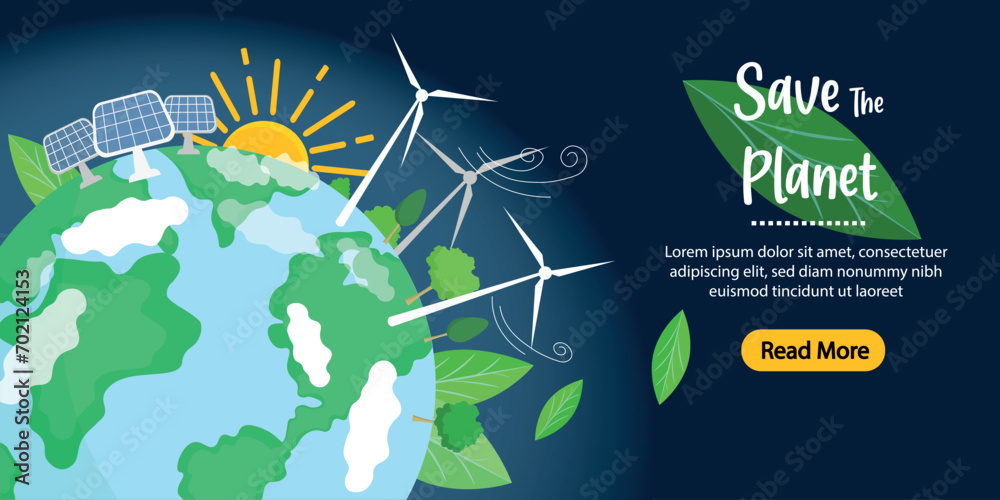 Save The Planet Vector Landing Page Banner or poster Template. Flat ...