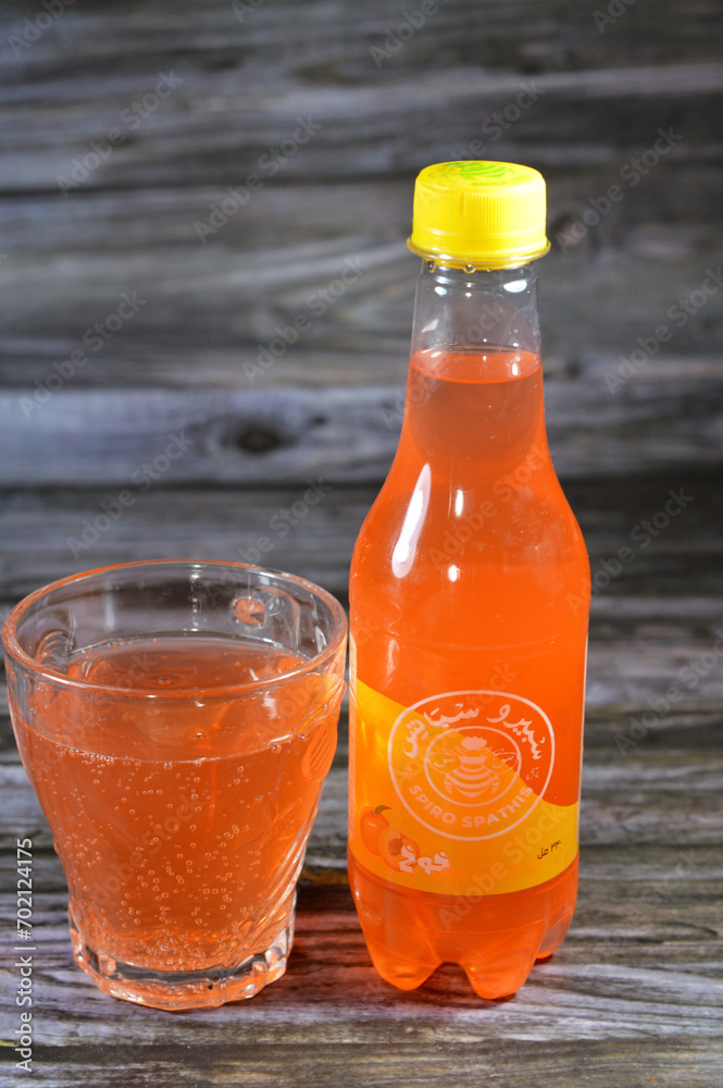 Cairo, Egypt, January 1 2024: Spiro Spathis peach soda drink, Spiro ...