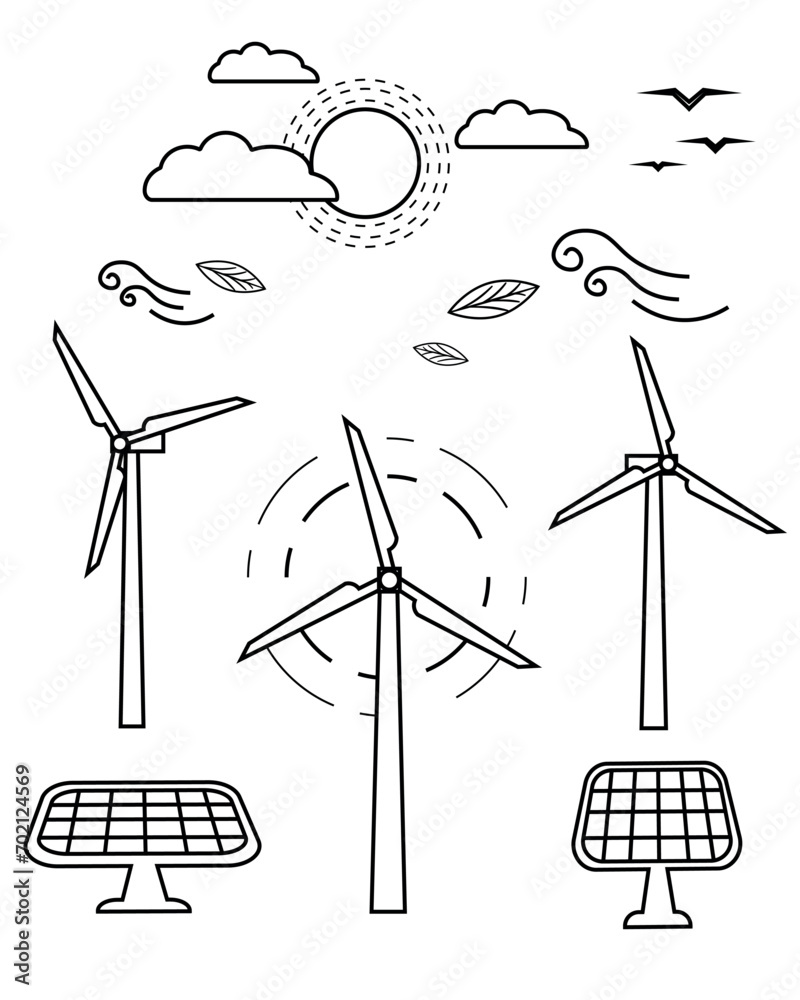 Vector Outline Style Green Energy İcons Set. Wind Turbine Towers Solar ...
