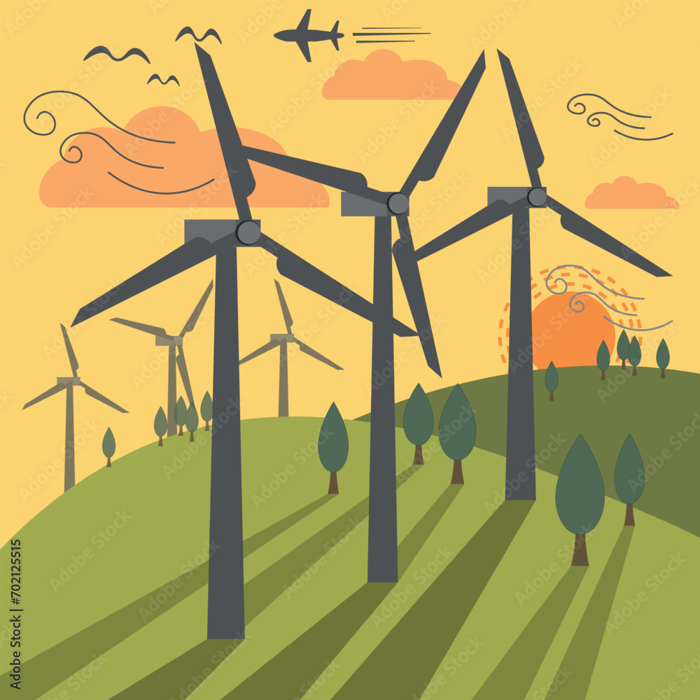 Vector Flat Design Banner of renewable energy concept. Wind Turbines ...