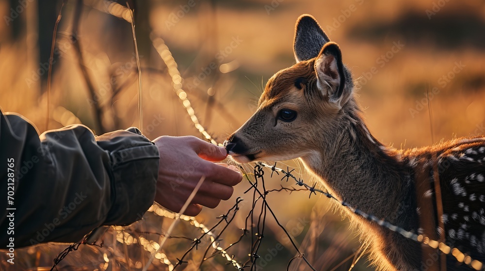 Interaction Between Human Hand and Young Deer Amidst Golden Sunset ...