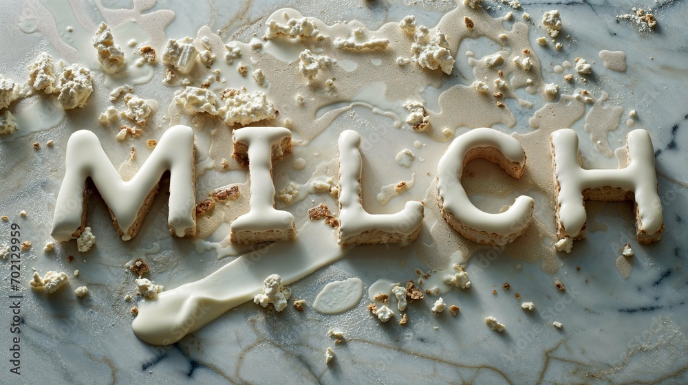 "MILCH" Schriftzug in flüssiger und fester Form auf marmoriertem ...