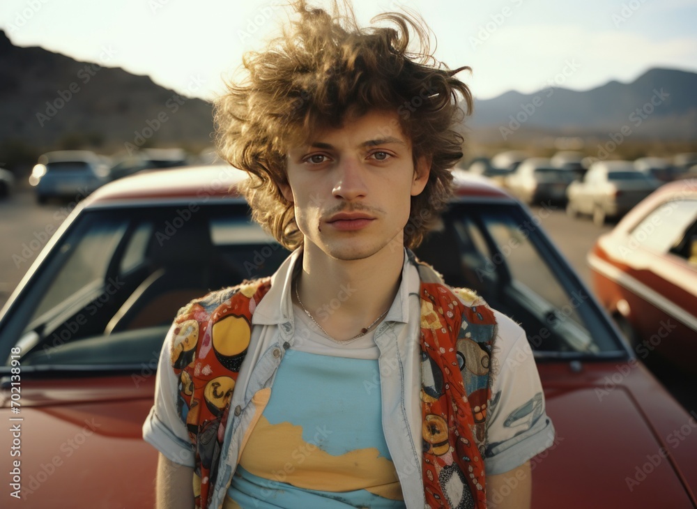 Young man posing by vintage cars, roadside attractions for a sense of ...