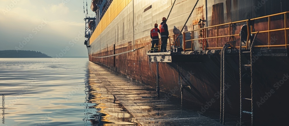 a crew is walking on a gangway ladder after they checked draft they ...