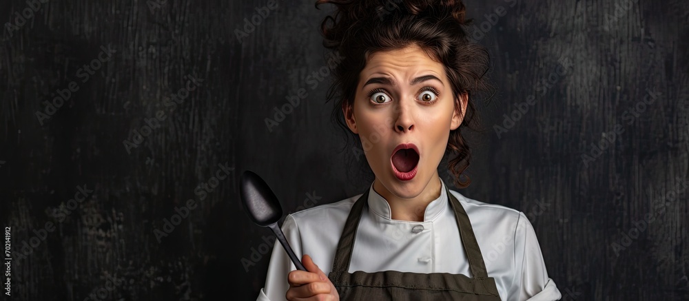 Brunette woman wearing professional cook apron holding wooden spoon in ...