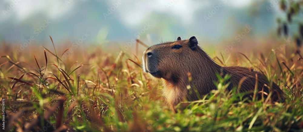 Beautiful view to capybara rodent on open field in the Brazilian ...