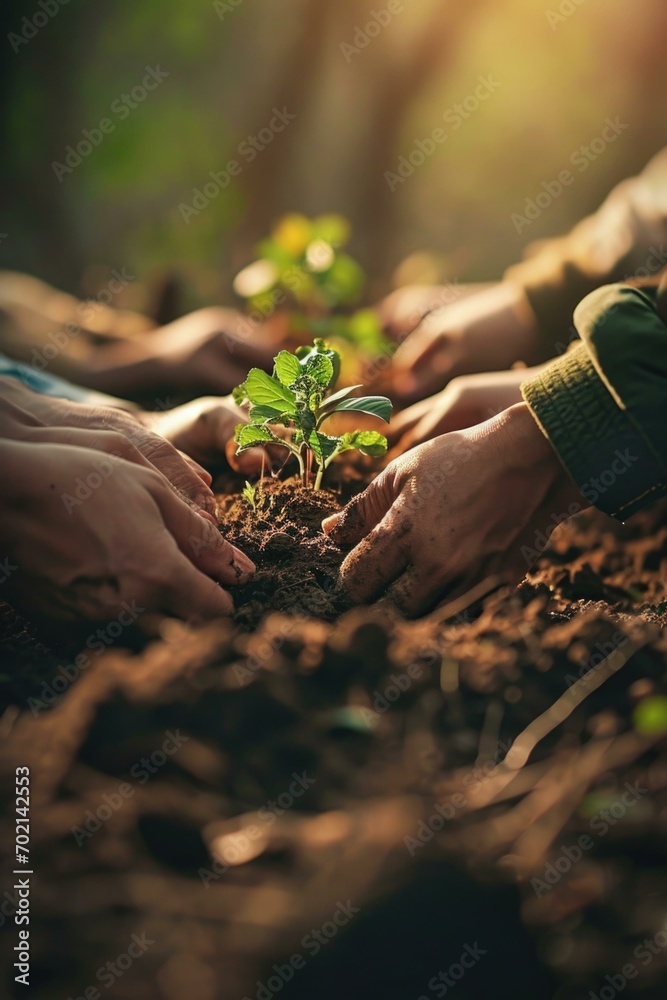 teamwork planting trees, symbolizing hope for the future. Hands holding ...