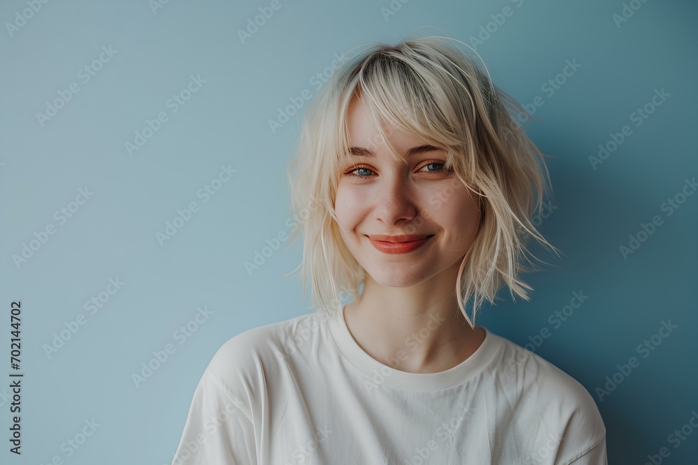 Smiling girl with short blond hair, happy confident pretty gen z blonde ...