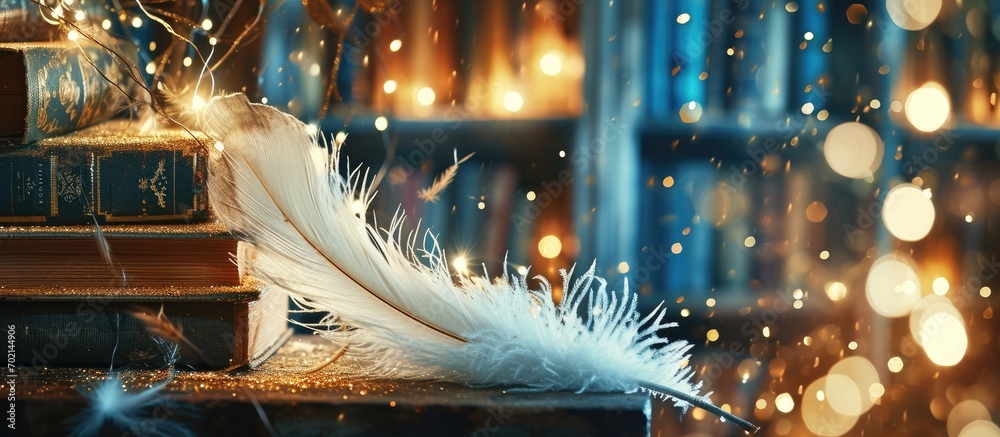 Double exposure image of feather combined with photograph of old book ...