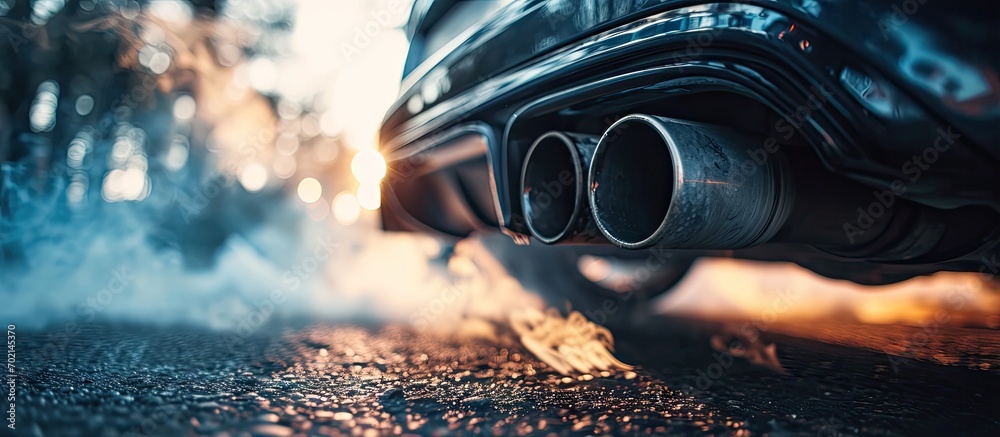 Dual exhaust pipe close up with combustion fumes coming out Emissions ...