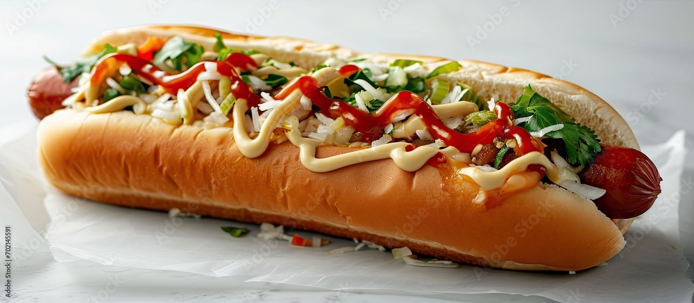 Delicious foot long hot dog with mustard ketchup and onions in ...