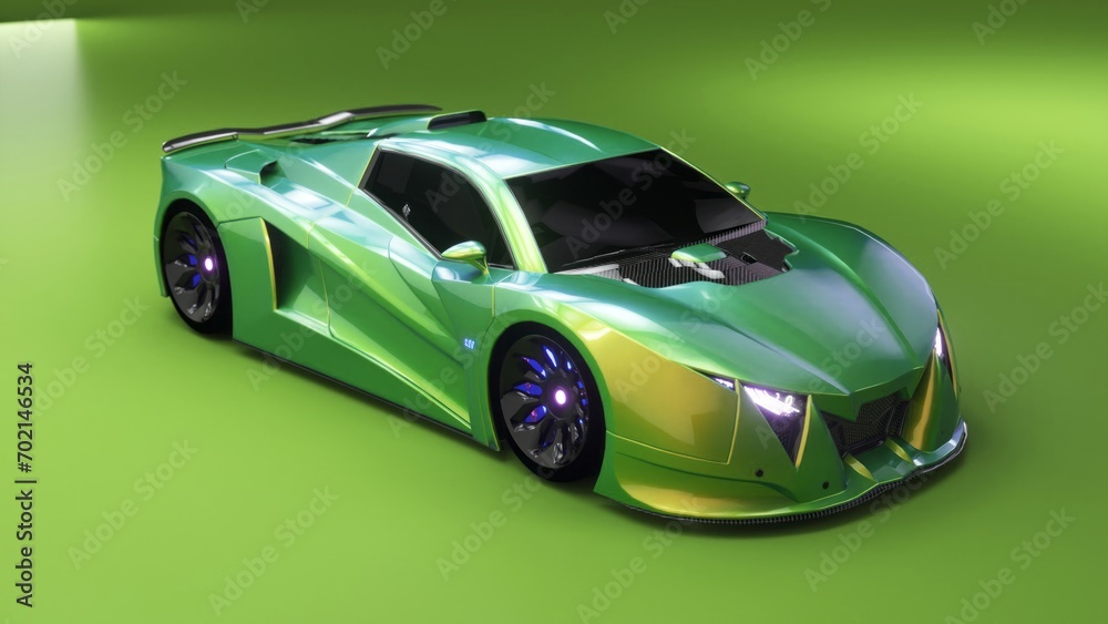 Green supercar with fluid design lines in 3D illustration, presenting a ...