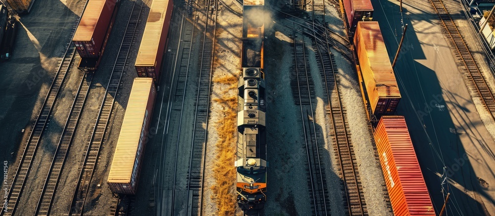 An Aerial View of a Steam Locomotive Moving Freight Cars Around in a ...