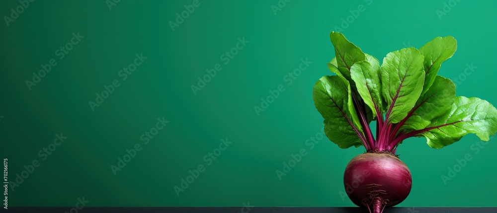 one raw beetroots on green background with blank space, vegetable ...