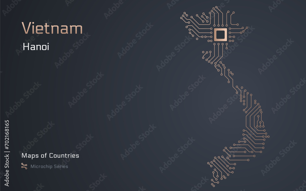 Vietnam Map with a capital of Hanoi Shown in a Microchip Pattern with ...