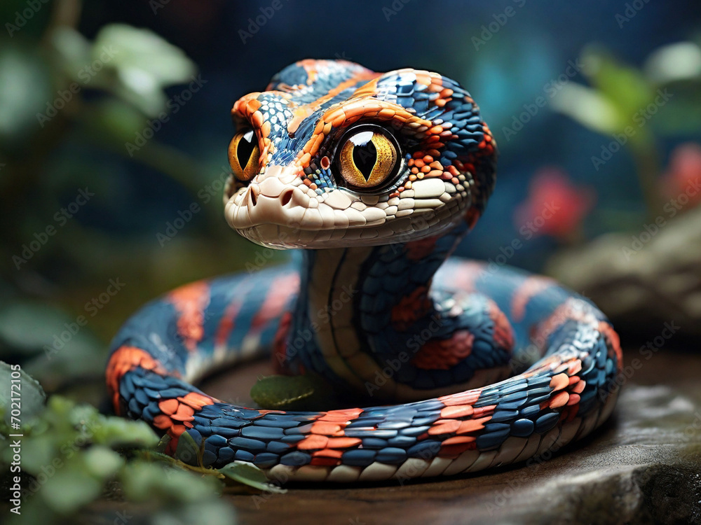 Close-up of a colorful snake in the garden. Animal theme. Created using ...