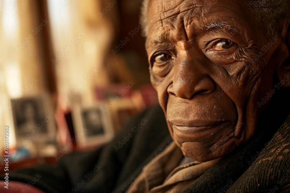 portrait of an elderly Black person. eyes reflecting generations of ...