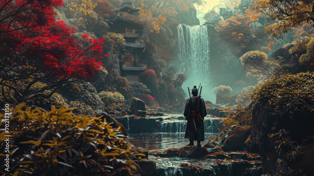 samurai at the waterfall Stock Photo | Adobe Stock