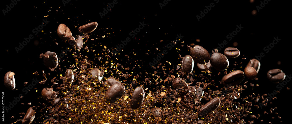 Coffee roasted bean ground fly explosion, Coffee crushed ground float ...