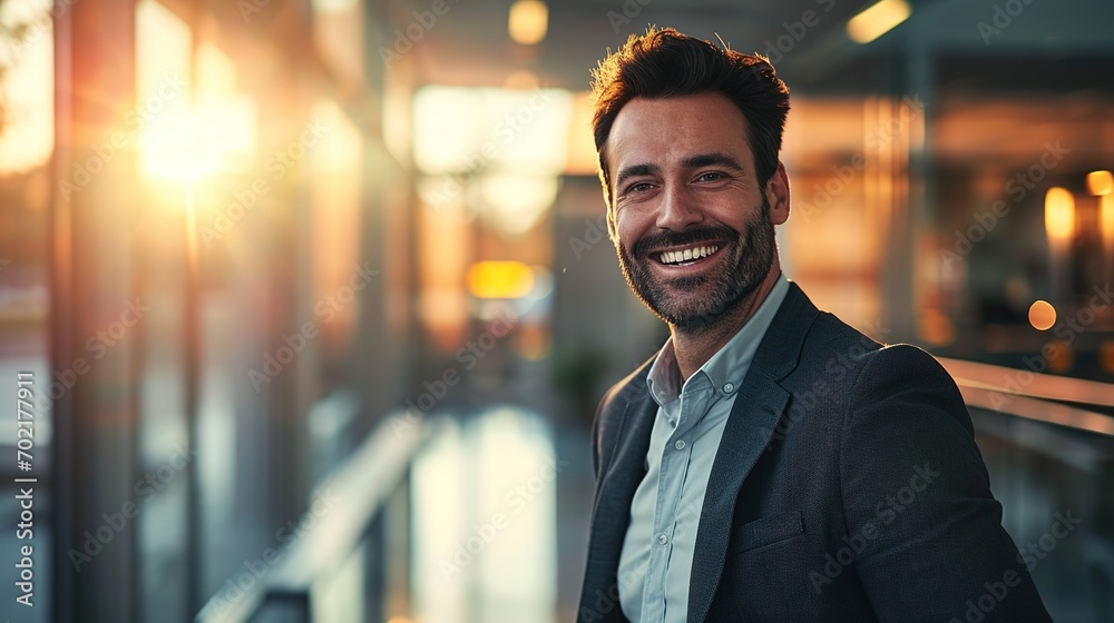 Portrait of a joyful businessman wearing a suit standing in an office ...