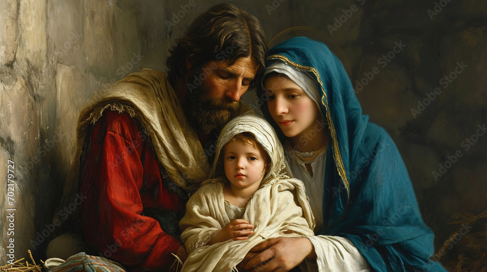 Beautiful scene of the Holy Family, Jesus, Mary and Joseph, created ...