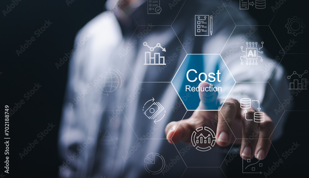 Cost reduction business finance concept. Businessman touching cost icon ...