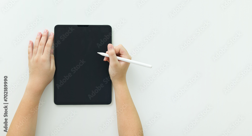Hand of woman use finger touches with digital tablet isolated on white ...