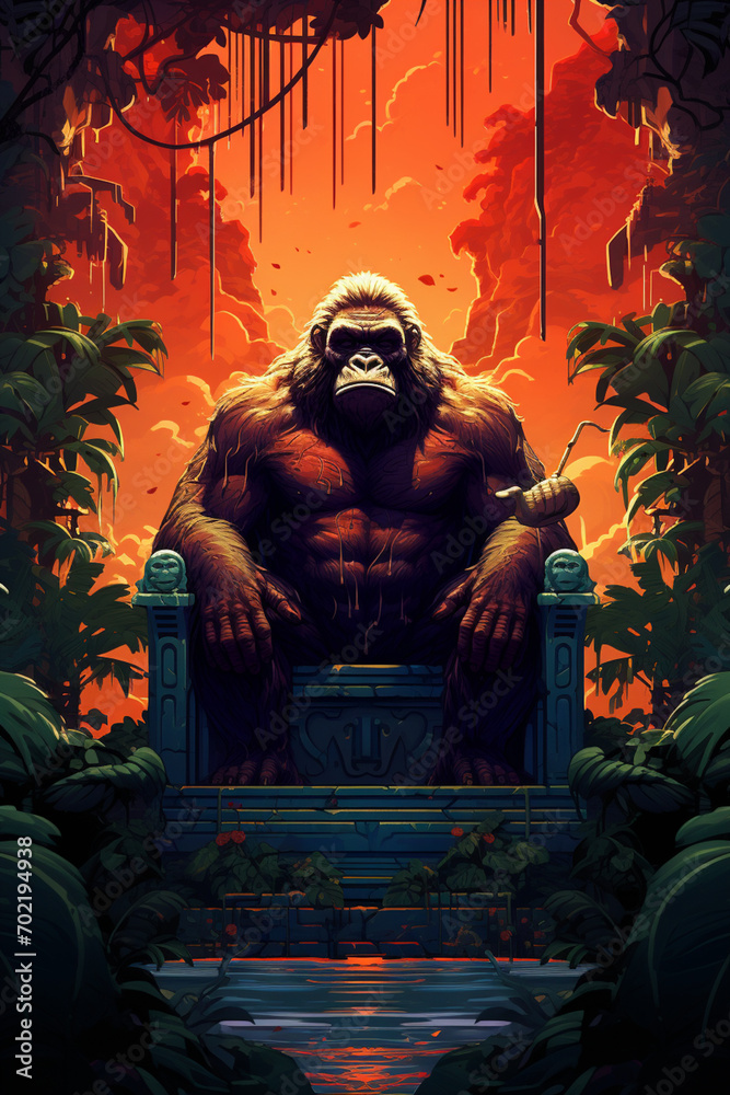 Majestic pixel art of a gorilla on a throne in a pixelated jungle ...