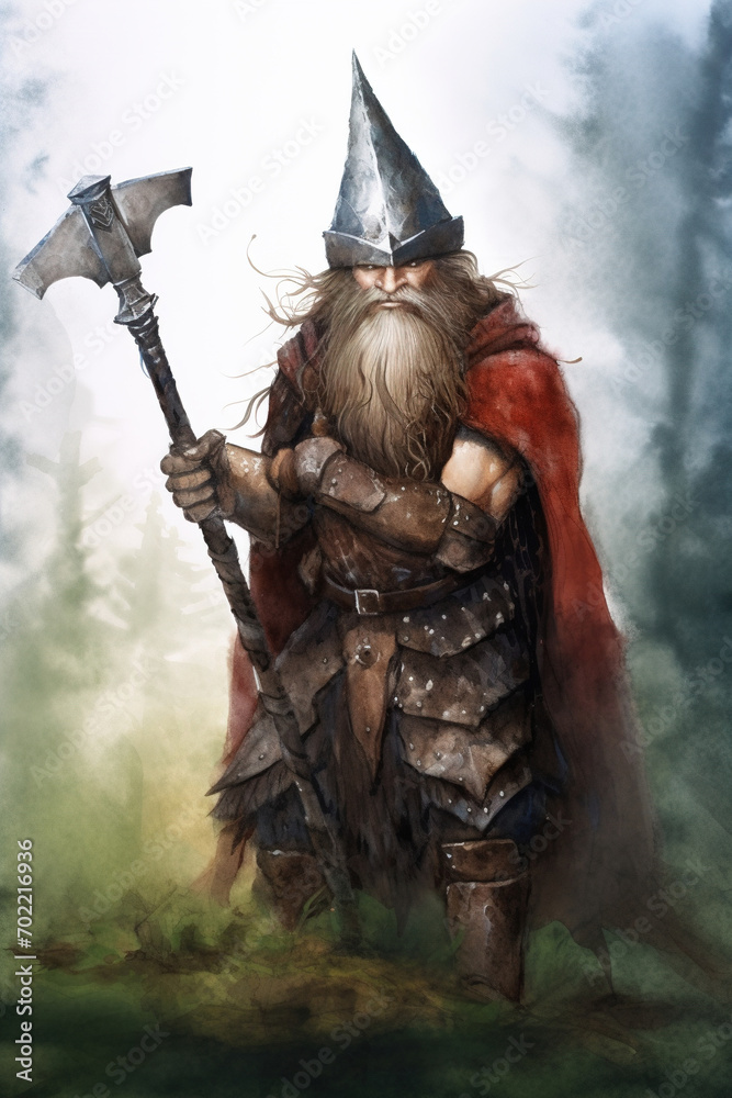 Fantasy character of gnome in battle suit with large axe. Pencil and ...