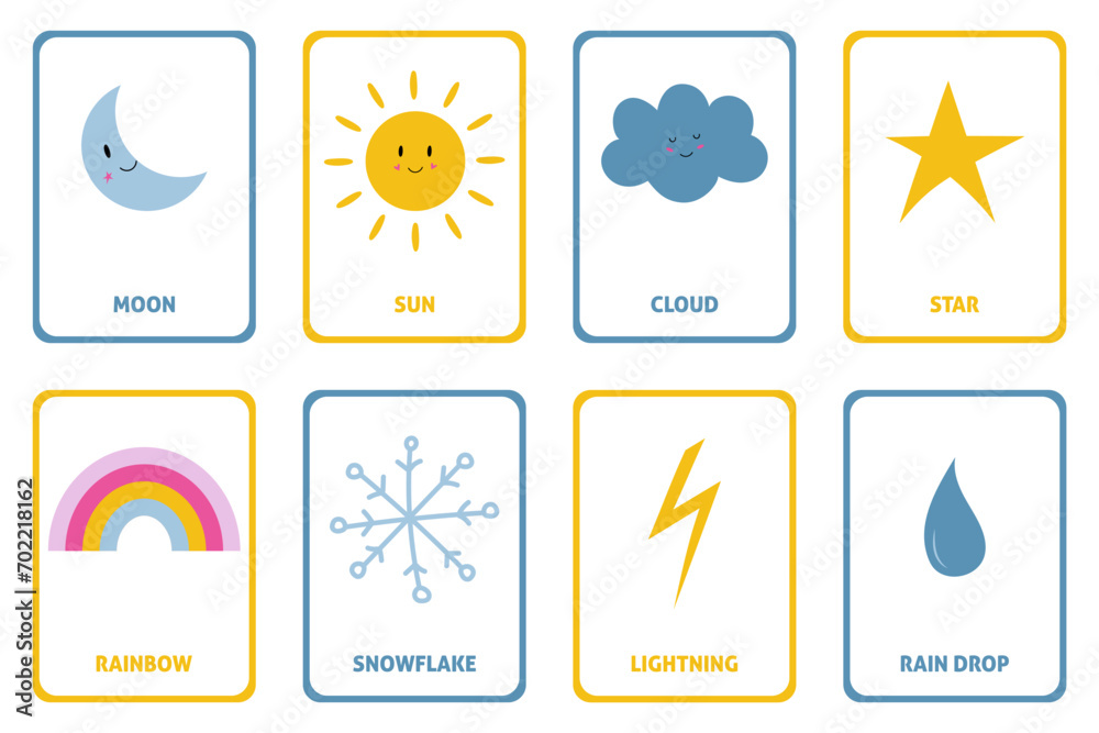 Cute cartoon sun, cloud moon, star, rainbow, snowflake, lightning, rain ...