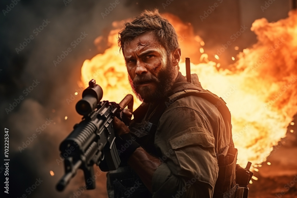 Bearded soldier of special forces in action pointing target and giving ...