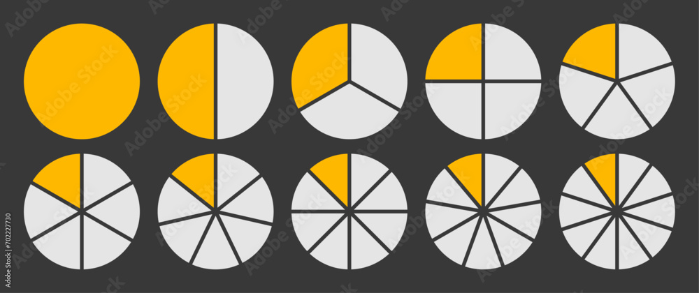 Circle divided into 1-10 parts icon set. Full circle segment diagram in ...