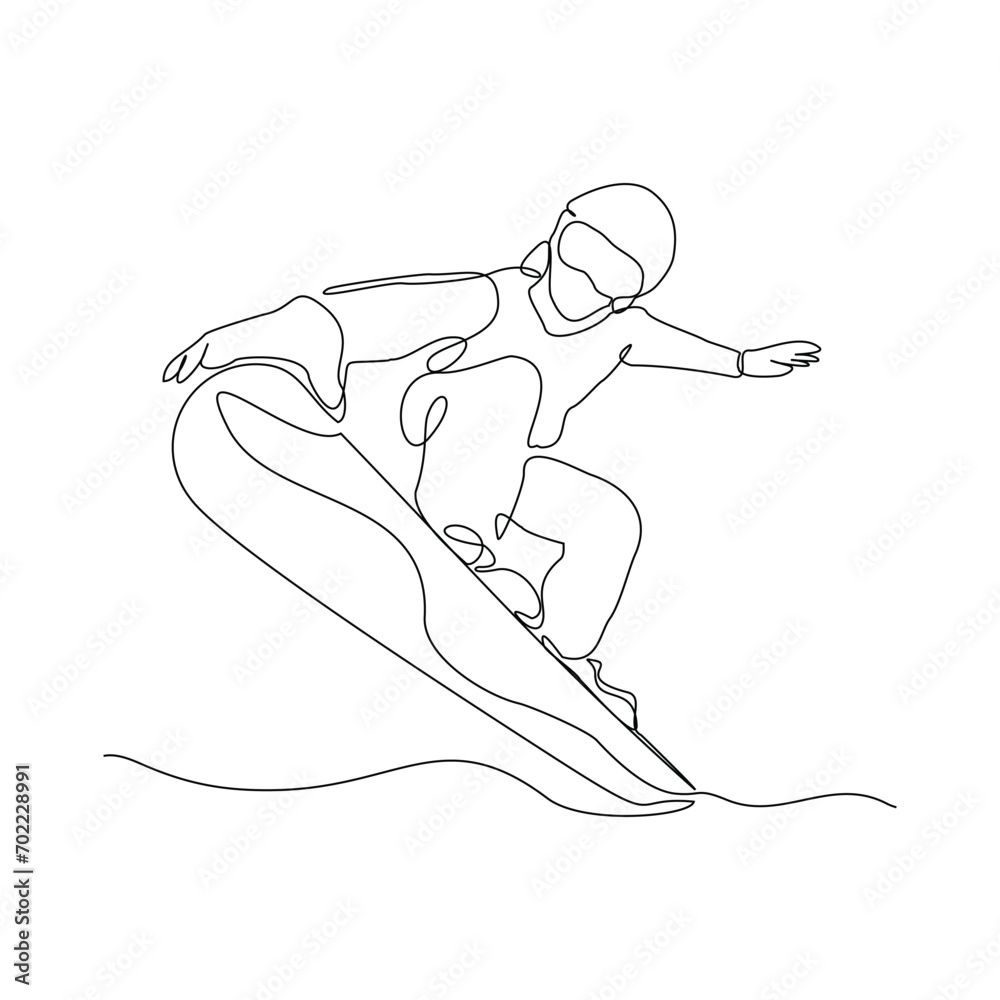 Continuous single line sketch drawing of man snowboarder ride speed at ...
