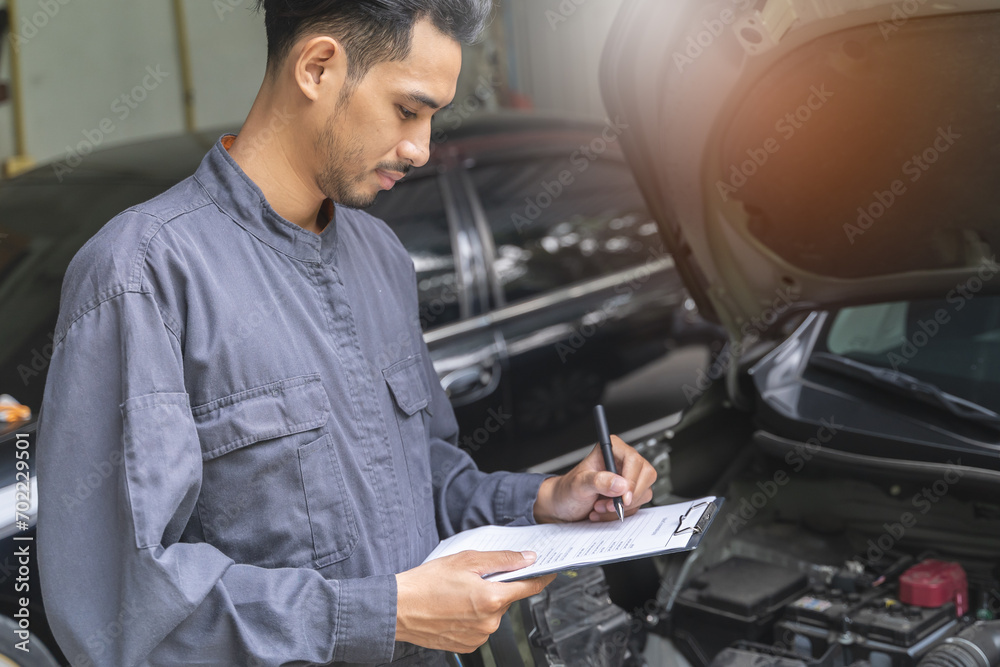 Auto check up and car service shop concept. Mechanic writing job ...