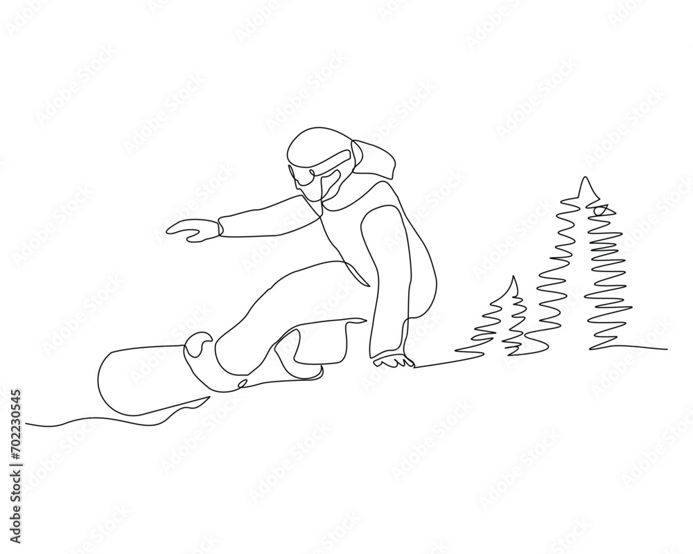 Continuous single line sketch drawing of man snowboarder ride speed at ...