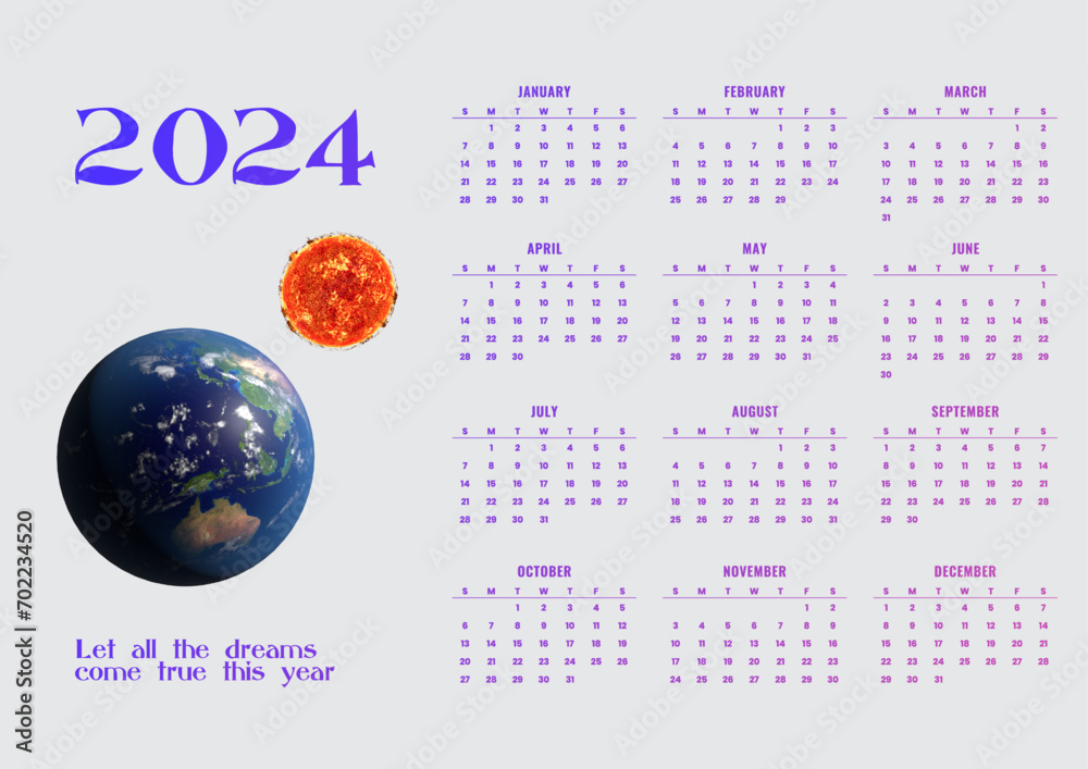 2024 calendar with earth and sun photo render realistic Stock Vector ...